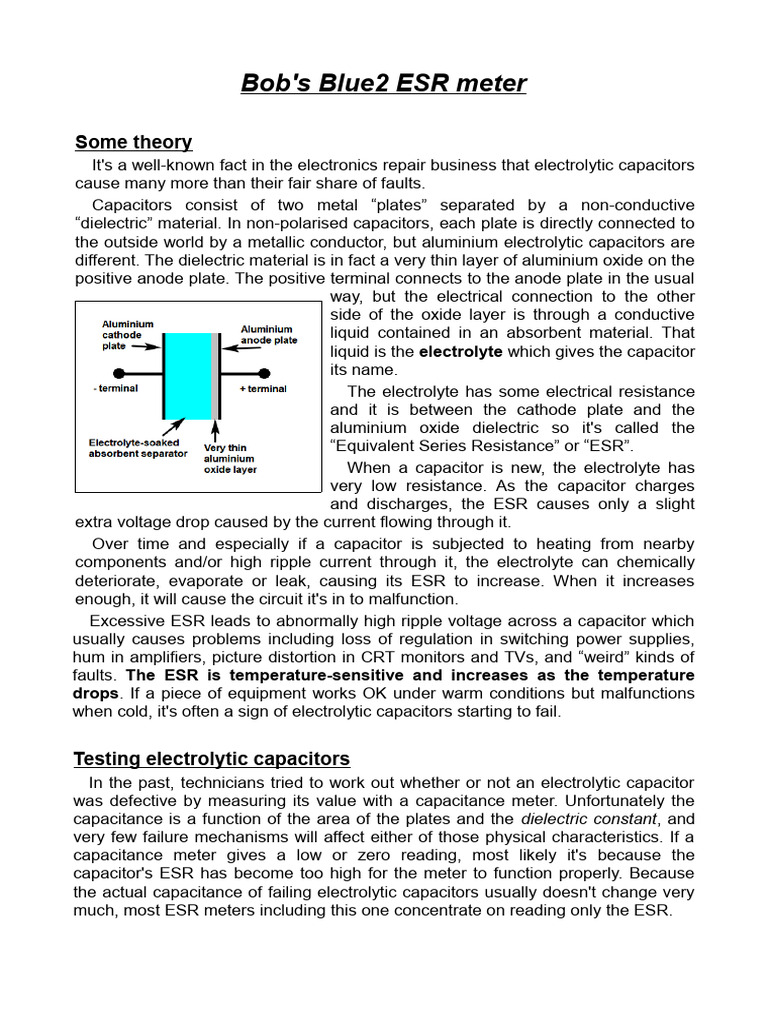 Bob Parker's Blue2 ESR Meter Guide | PDF | Capacitor | Electrical ...