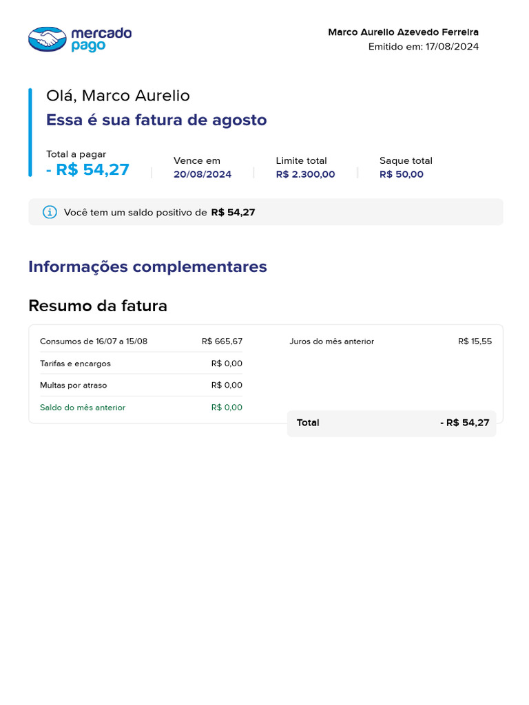 Fatura De Cartão Mercado Pago Agosto 2024 Pdf Juros Cartão De Crédito