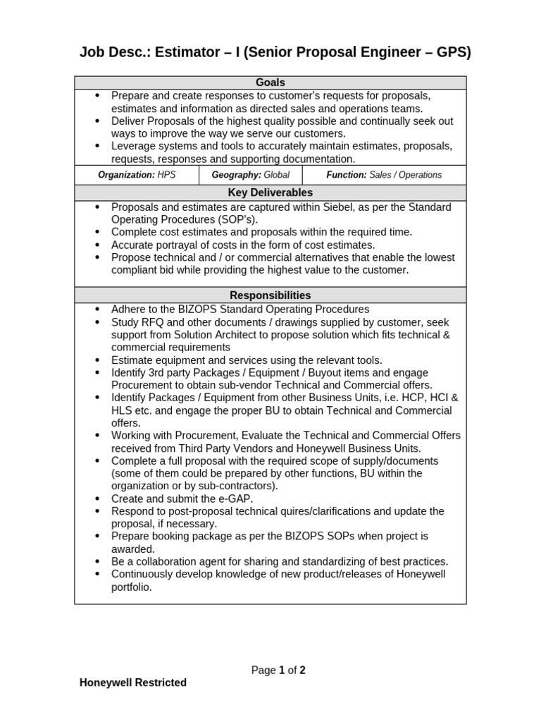 JD - Estimator-I_Senior Proposal Engineer GPS_LSS | PDF | Knowledge ...