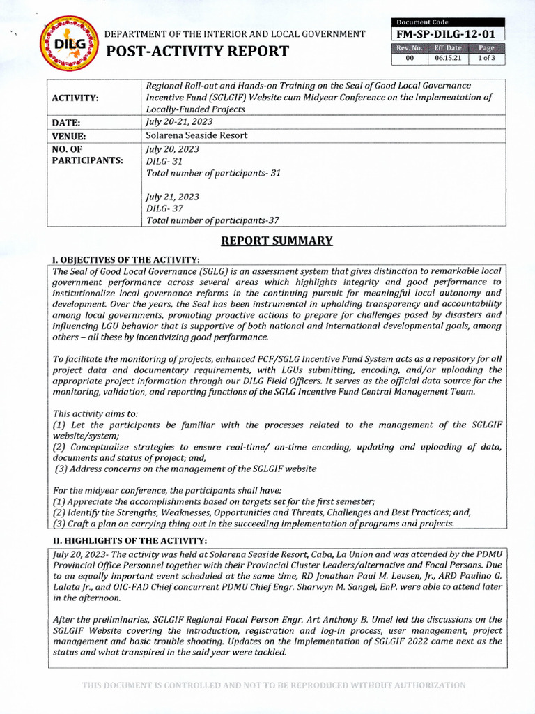 Regional Roll-Out and Hands-On Training On The SGLGIF Website Cum Mid ...