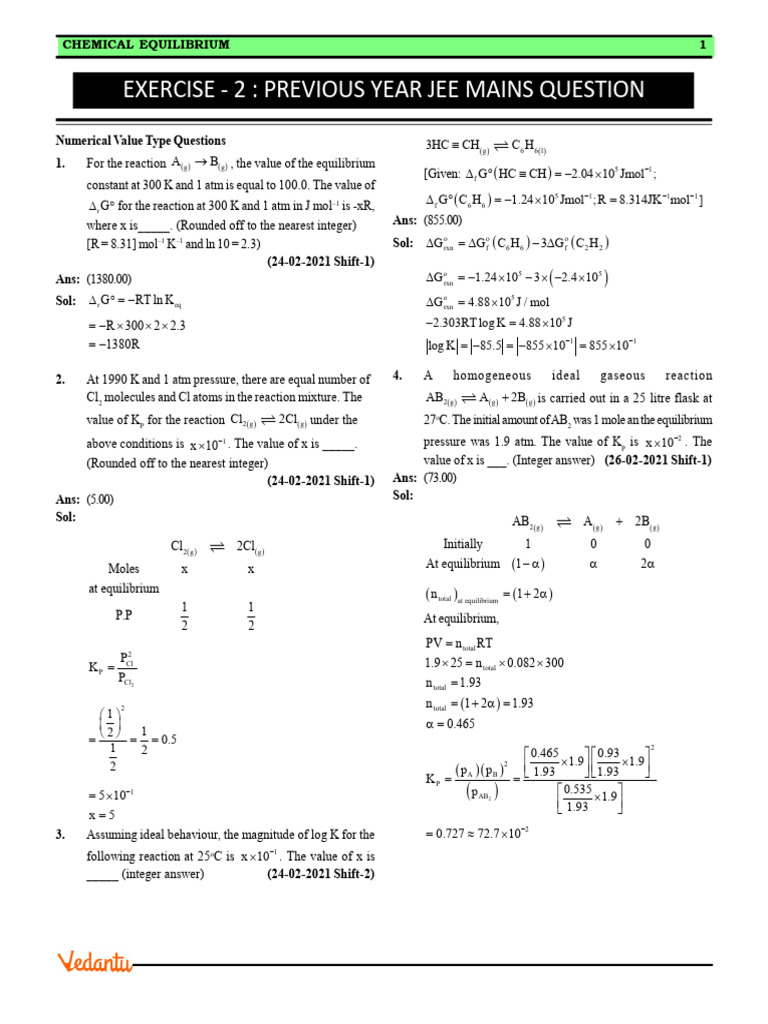 Chemical Equilibrium _(Ex-2) | PDF | Chemical Equilibrium | Physical ...