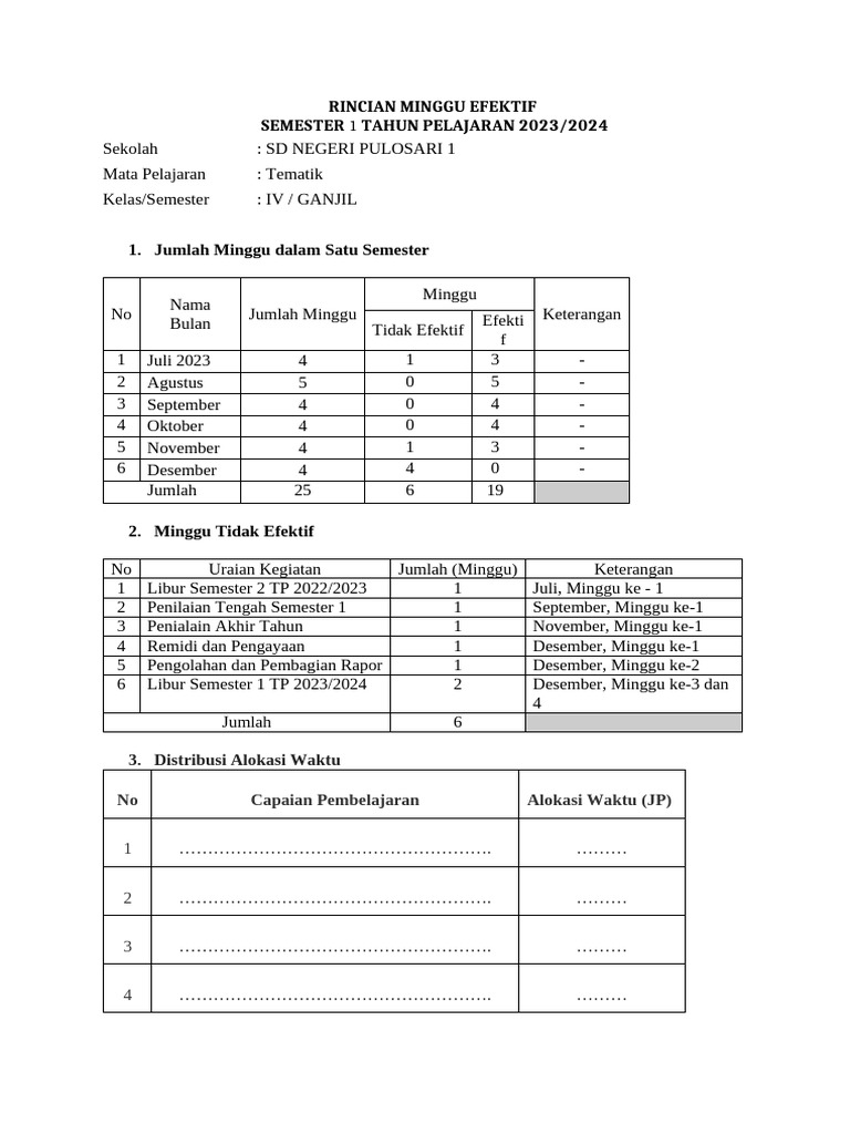 Rincian Minggu Efektif Semester 1 2023 | PDF