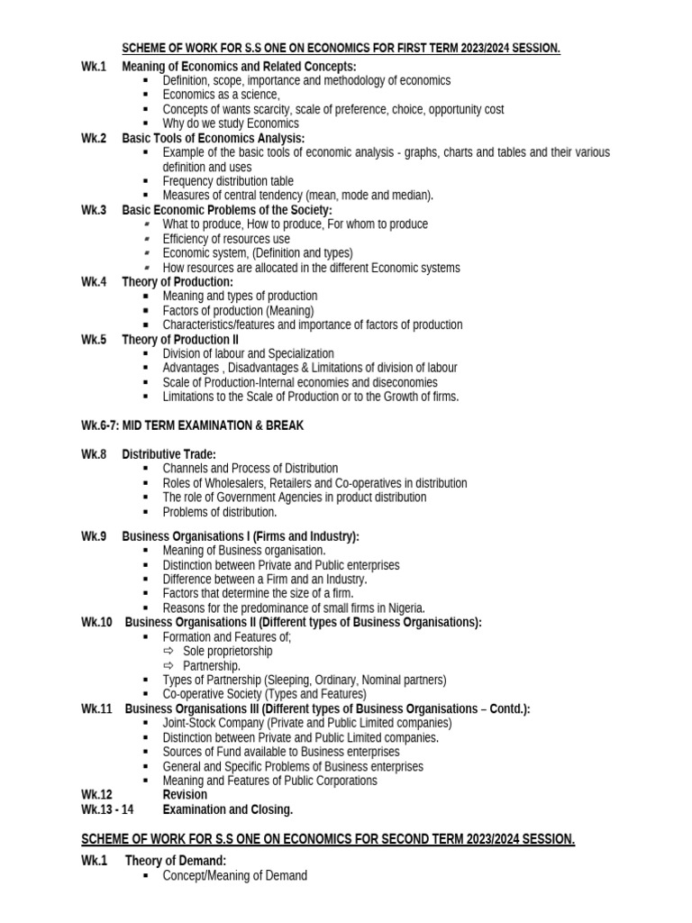 SS1 Economics Scheme of Work 2023/24 | PDF | Supply (Economics ...