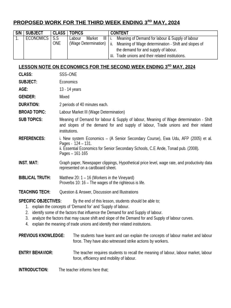 Proposed Work For The Second Week Ending 3RD May, 2024 | PDF | Labour ...