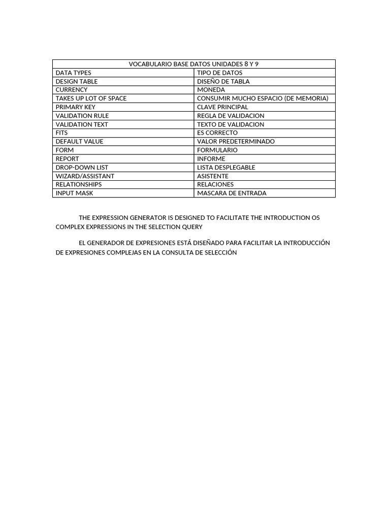 Vocabulario Unidades 8 y 9 Base de Datos | PDF