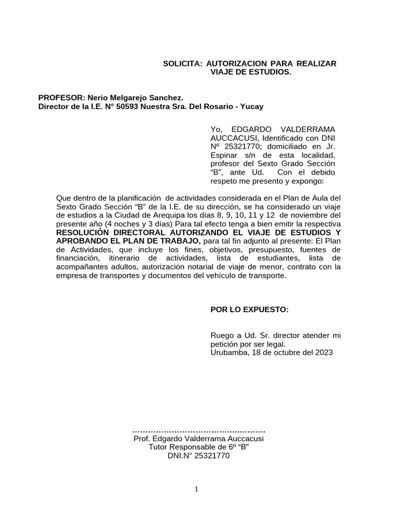 Solicito Autorización Viaje Depromoción - 2023 - 6b | PDF