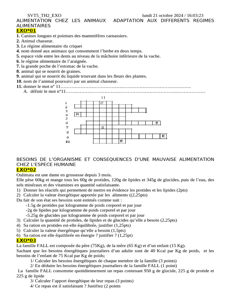 svt5 th2 Exo 2014-2015 | PDF | Valeur énergétique | Manger