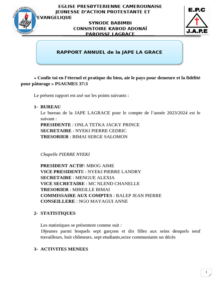 Rapport Annuel JAPE Lagrace 2023/2024 | PDF | Protestantisme | Branches ...