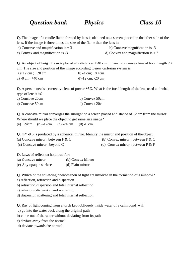 Question Bank Halfyearly Class 10 | PDF | Mirror | Optics