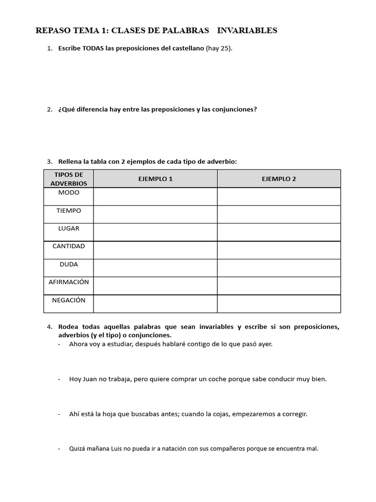 Repaso Palabras Invariables | PDF