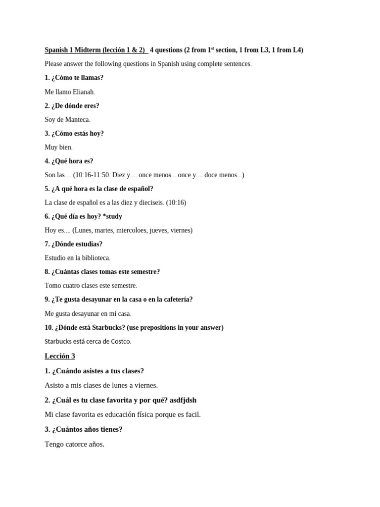 Práctica para el Examen de Español 1 | PDF | Estudios de idiomas ...