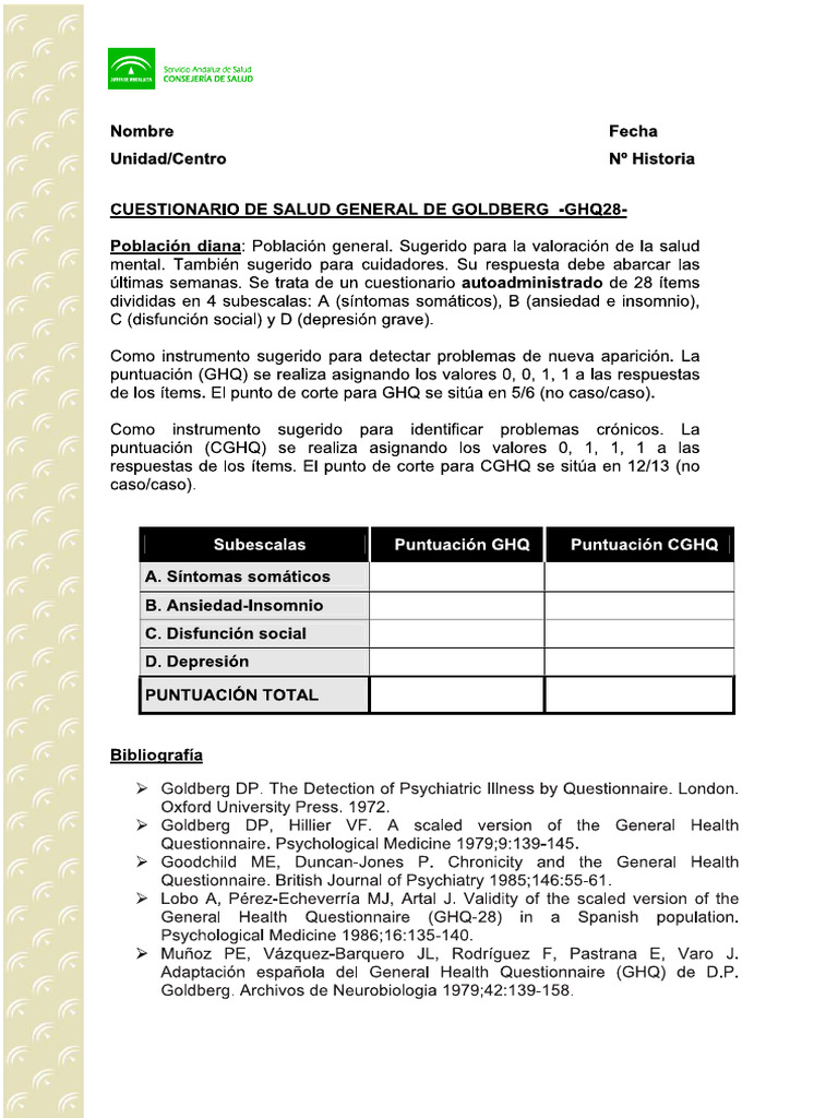 cuestionario salud general de Goldberg | PDF