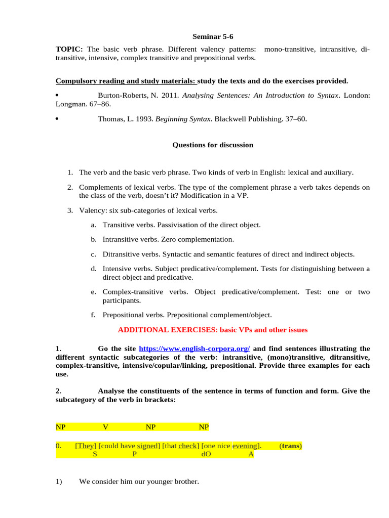 TASK SHEET Seminar 5 Basic VP | PDF | Verb | Lexical Semantics