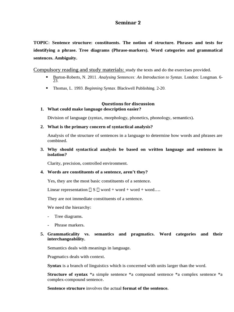 TASK SHEET Seminar 2 Constituents | PDF | Syntax | Phrase