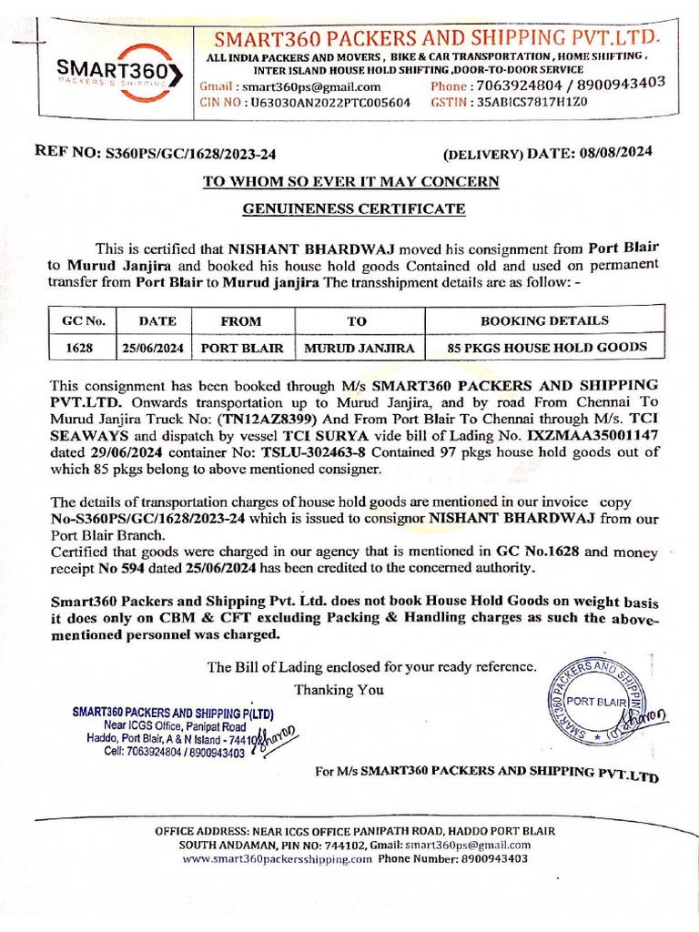 Genuineness Certificate For Luggage | PDF
