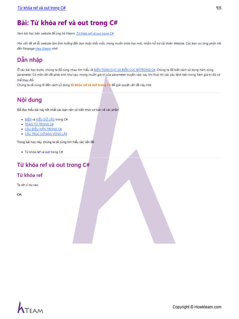 HOWKTEAM - VN - T Khóa Ref Và Out Trong C# | PDF
