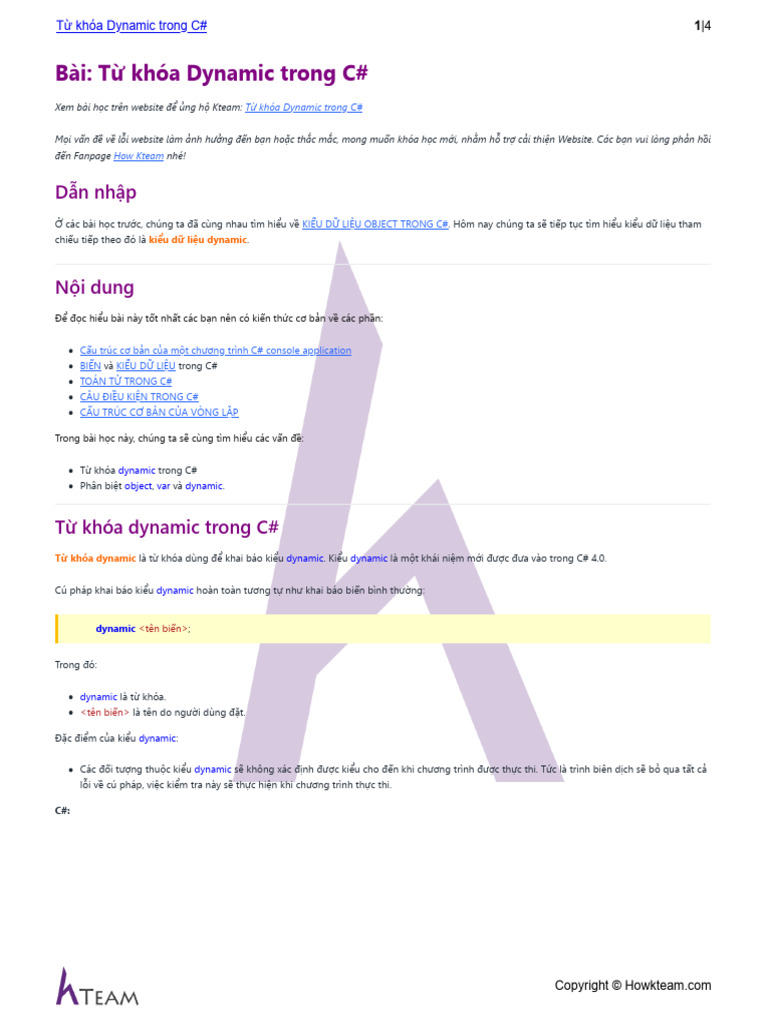 HOWKTEAM - VN - T Khóa Dynamic Trong C# | PDF