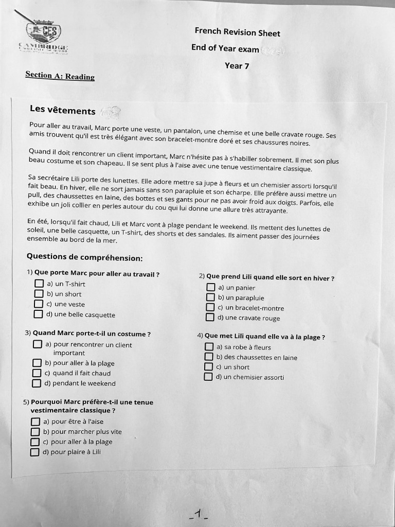 French Revision Sheet-7-EOY-24 | PDF