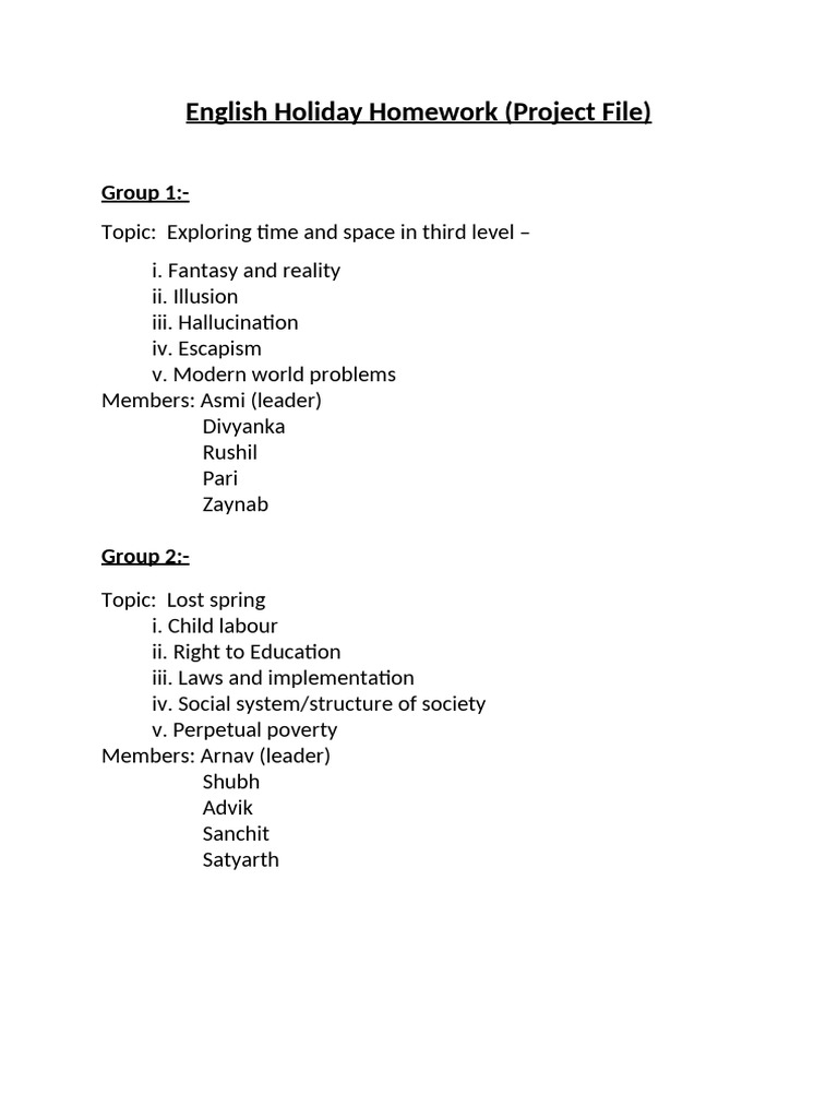 English Holiday Homework (Project File) : Group 1 | PDF