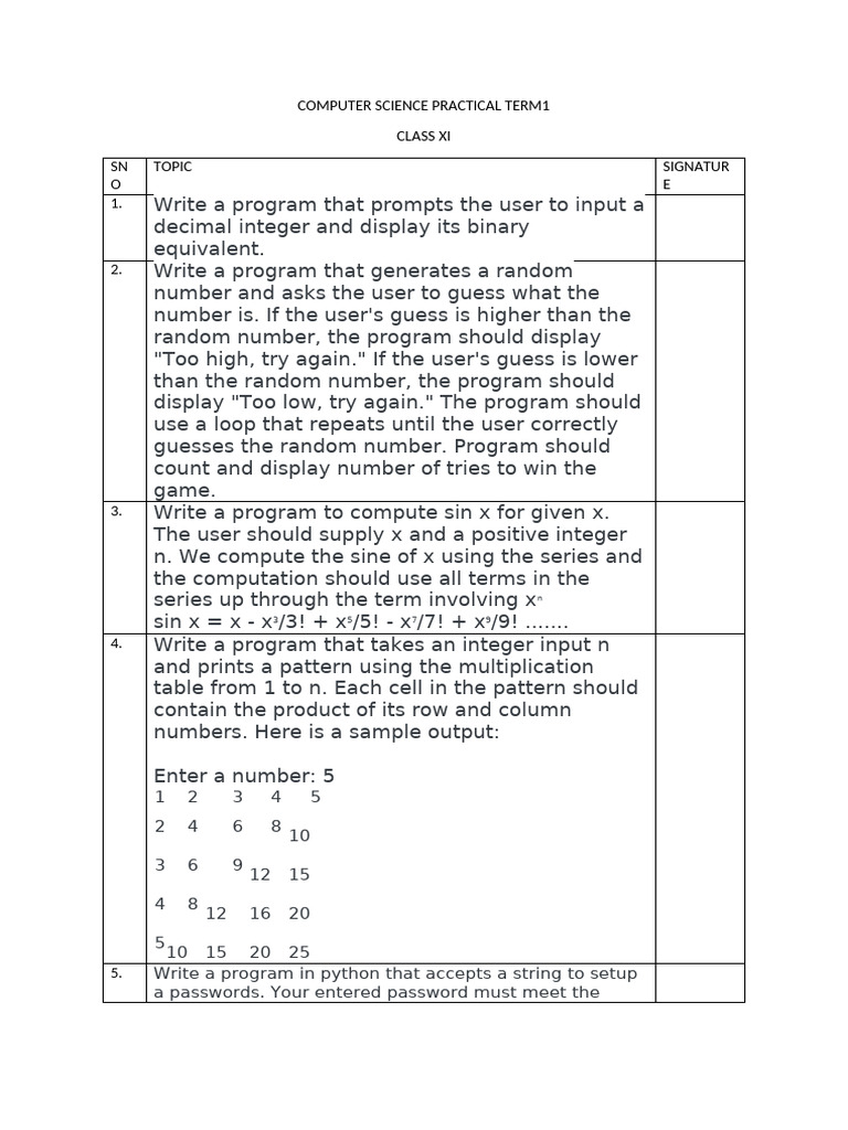 Computer Science Practical Term1 Class Xi SN O Topic Signatur E 1 | PDF