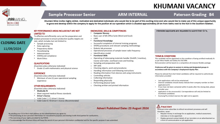 Khumani Mine Sample Processor Vacancy | PDF | Recruitment | Driver's ...