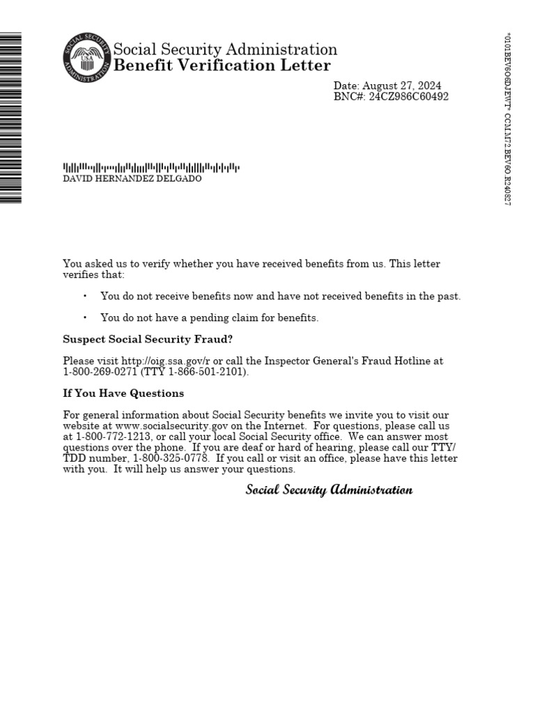 Benefit Verification Letter | PDF