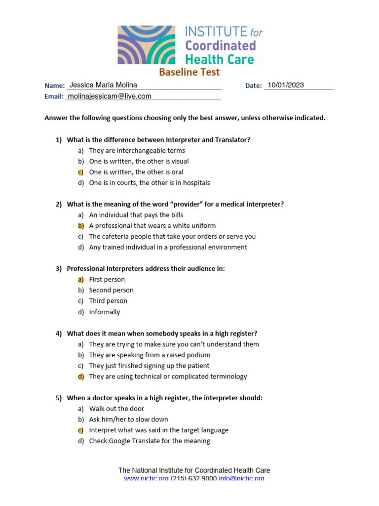 Nichc - Cmit - Baseline Test | PDF | Language Interpretation | Artery