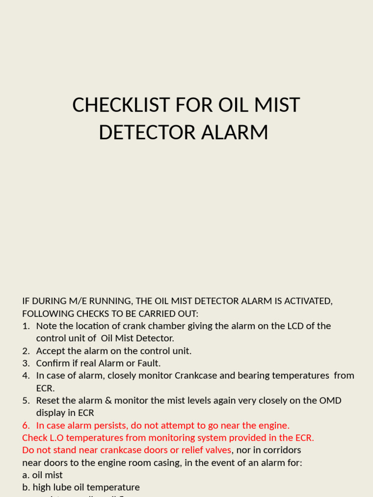 Oil Mist Detector Alarm Checklist | PDF | Piston | Pump