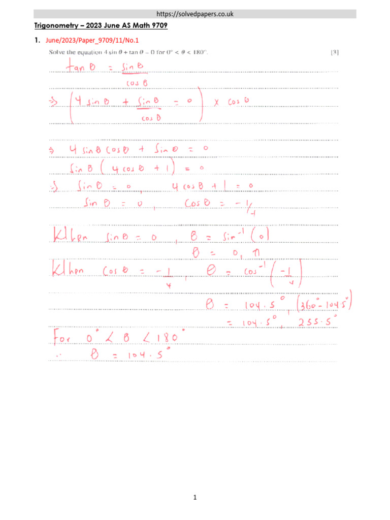 2023J Trigonometry As Math 9709 Solved | PDF