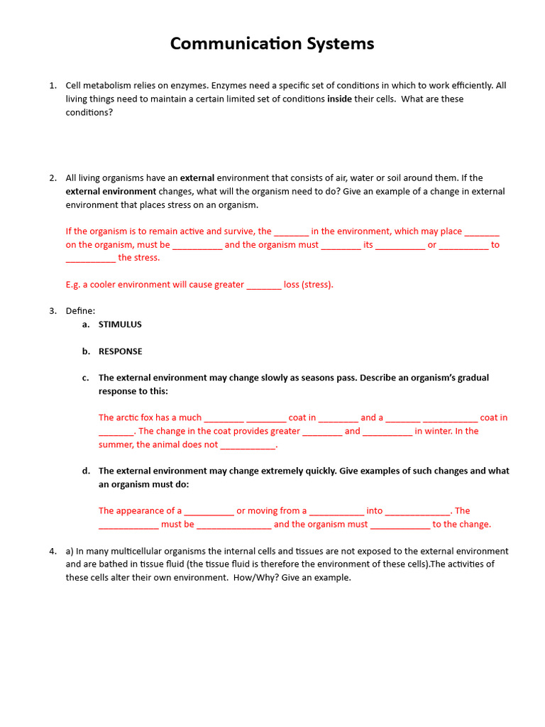 Communication Systems Worksheet v1 | PDF | Thermoregulation | Cell ...