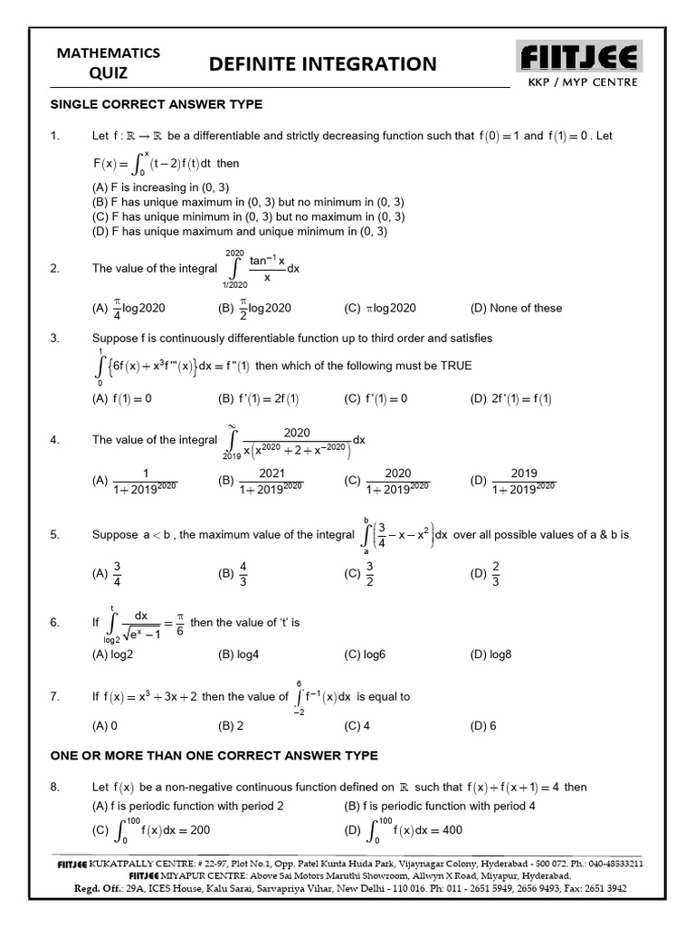 DEFINITE INTEGRATION_QUIZ (MNR) (1) | PDF | Equations | Function (Mathematics)
