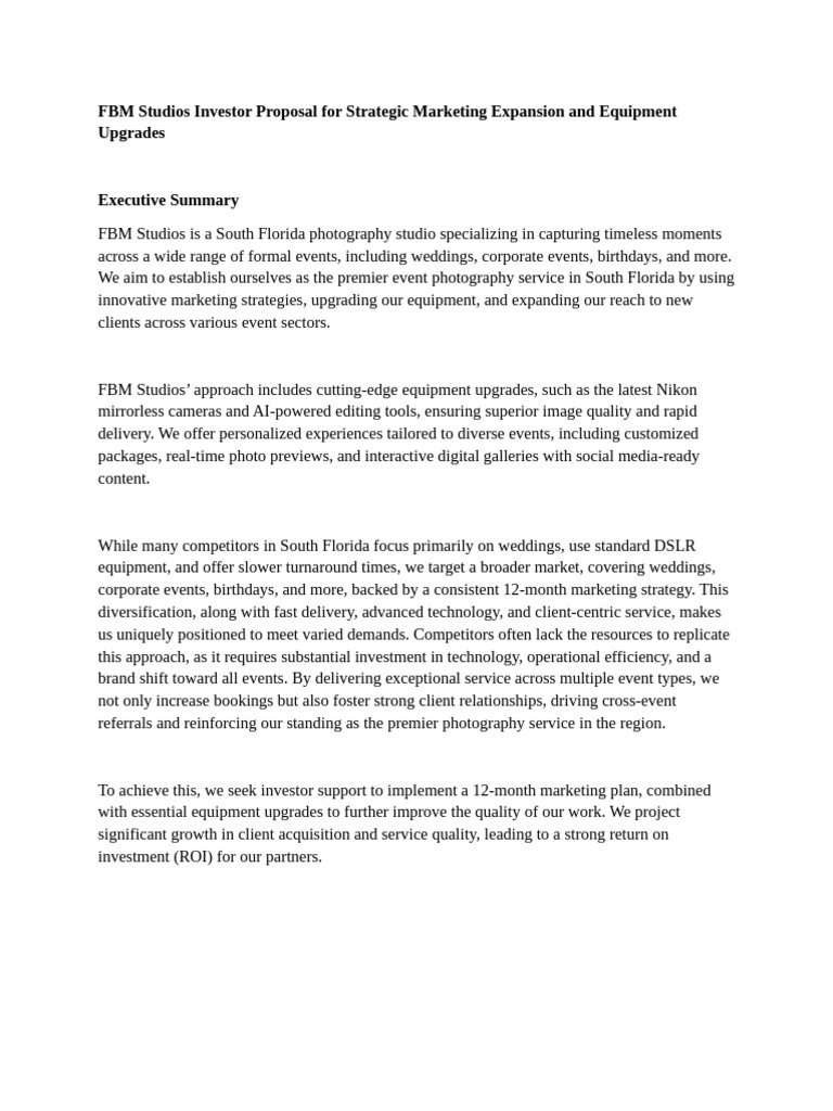 FBM Studios Investor Proposal | PDF | Marketing Strategy | Nikon