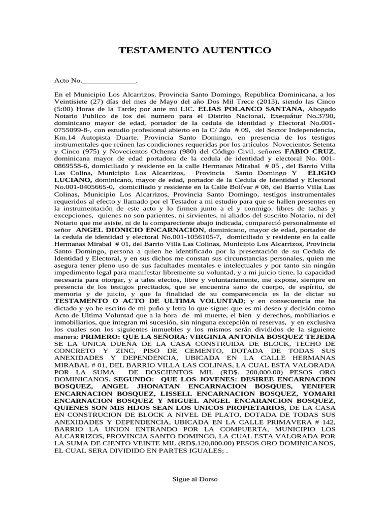 Testamento Autentico | PDF | República Dominicana | Voluntad y testamento
