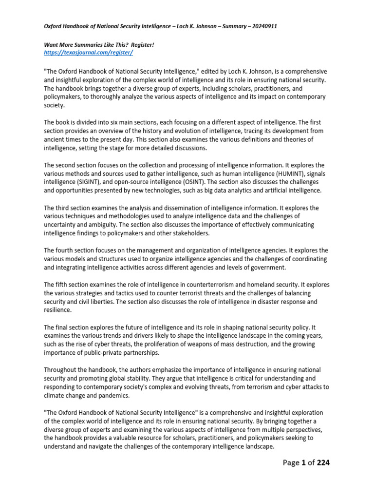 Oxford Handbook of National Security Intelligence by Loch Johnson | PDF ...