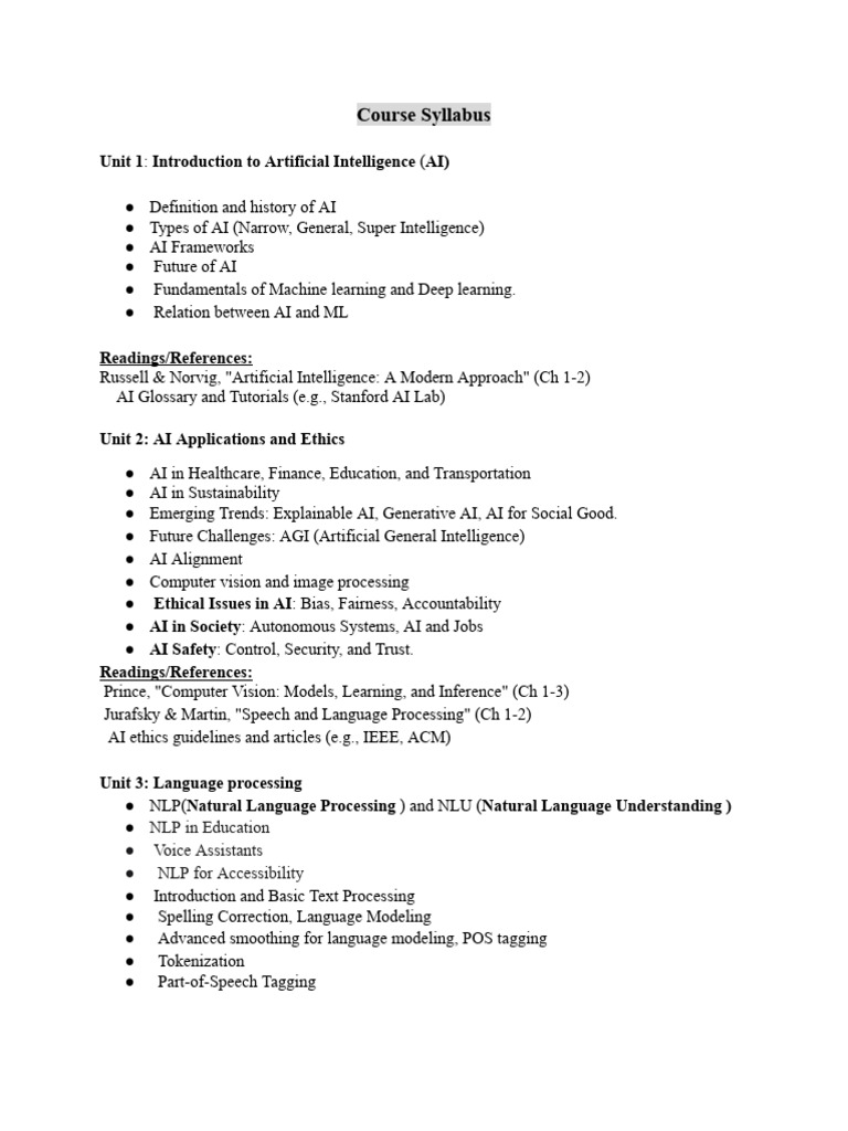 AI Course Syllabus Overview | PDF | Intelligence (AI) & Semantics ...