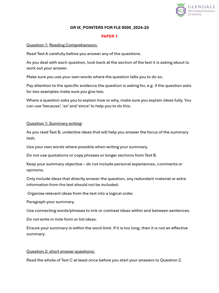 IGCSE English Paper 1 - Pointers | PDF | Question | Word