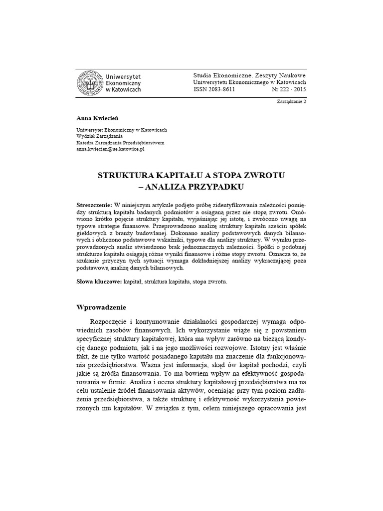 Struktura Kapita U A Stopa Zwrotu - Analiza Przypadku: Anna Kwiecie | PDF