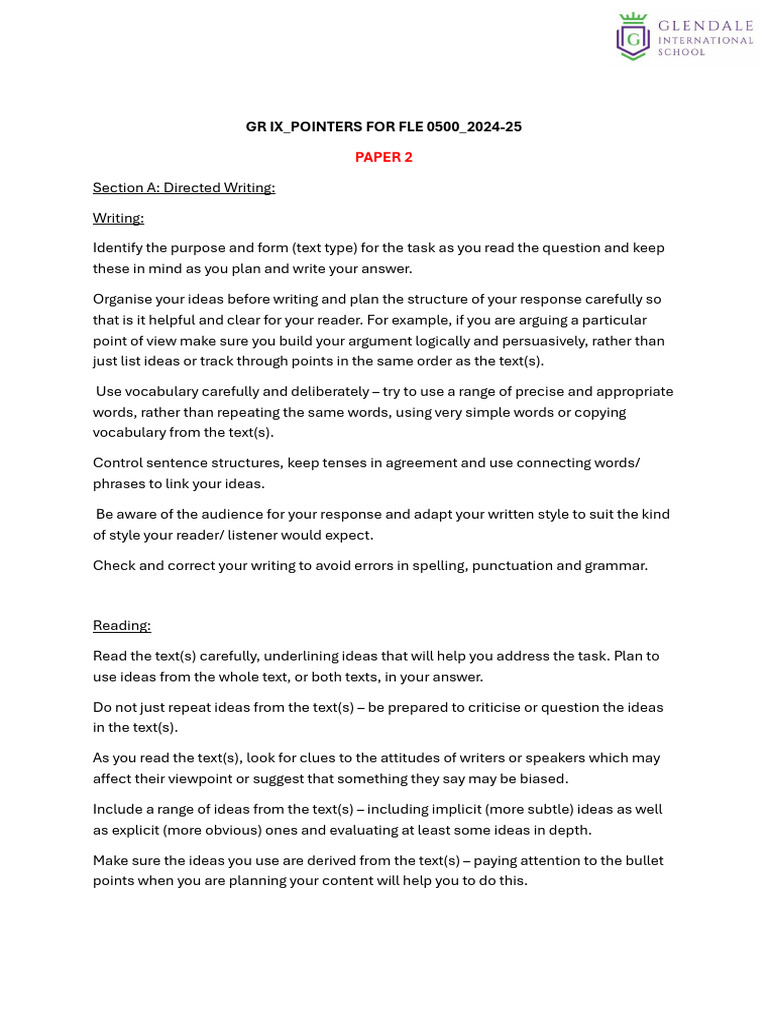 IGCSE English Paper 2 - Pointers | PDF | Vocabulary | Syntax