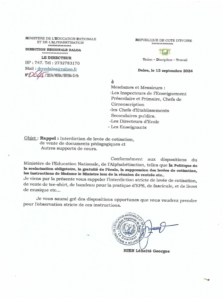 Rappel Interdiction de Levée de Cotisation, de Vente de Doc Péd Et Autres Supports de Cours | PDF