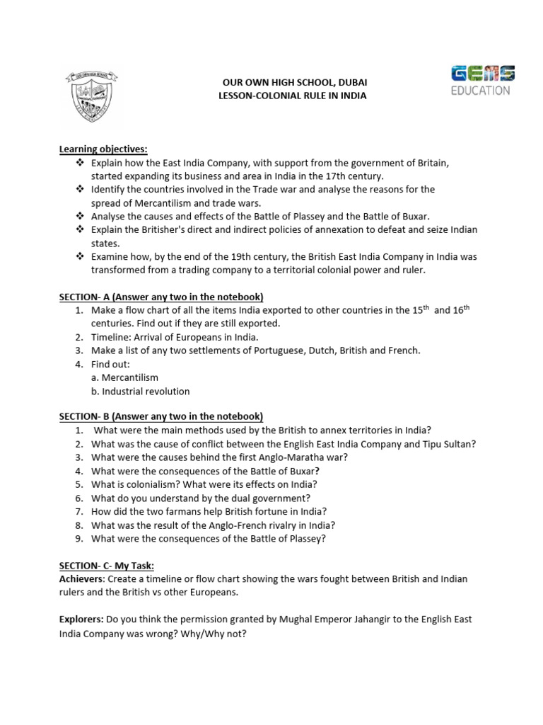 Colonial rule in India QB-2024 | PDF | British Empire | East India Company