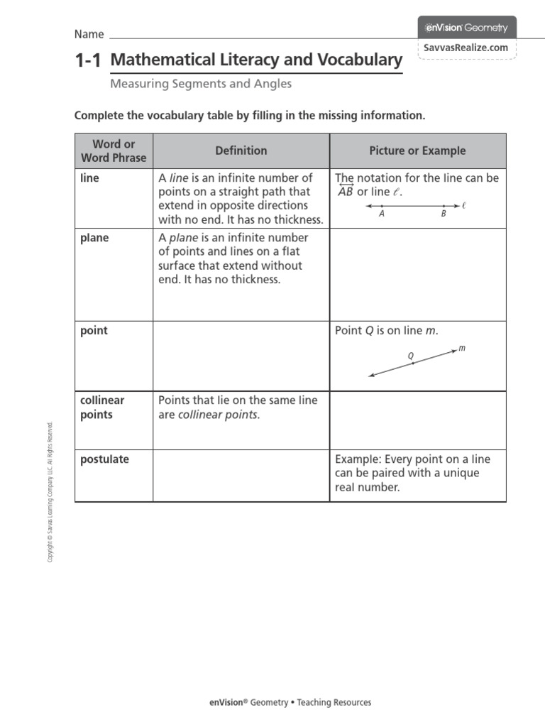 1-1 - Mathematical Literacy and Vocabulary PDF | PDF | Line (Geometry ...