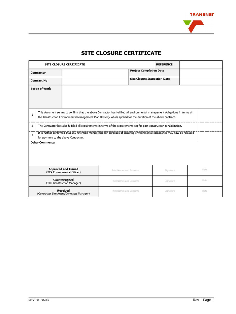 Site Closure Certificate for Contractors | PDF | Technology & Engineering