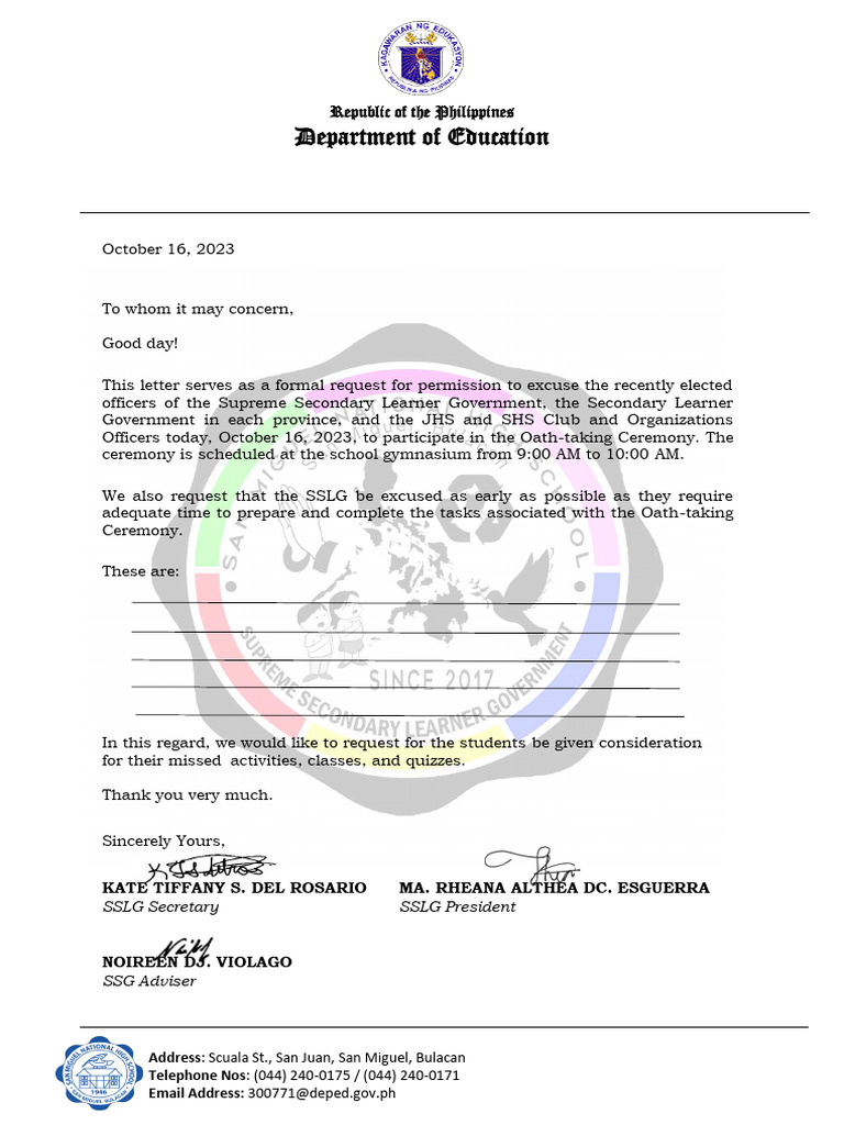Excuse Letter Oath Taking | PDF