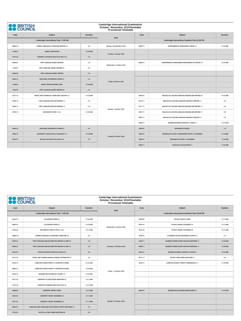 Egypt October-November 2024 Provisional Timetable - Cambridge ...