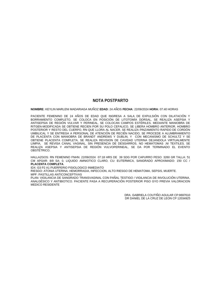 Nota Postparto Sin Episio Keylin | PDF | Parto | La salud de la mujer