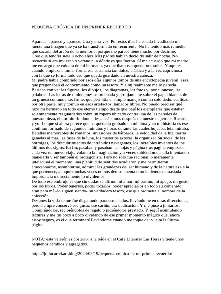 Pequeña Crónica de Un Primer Recuerdo | PDF | Ficción general