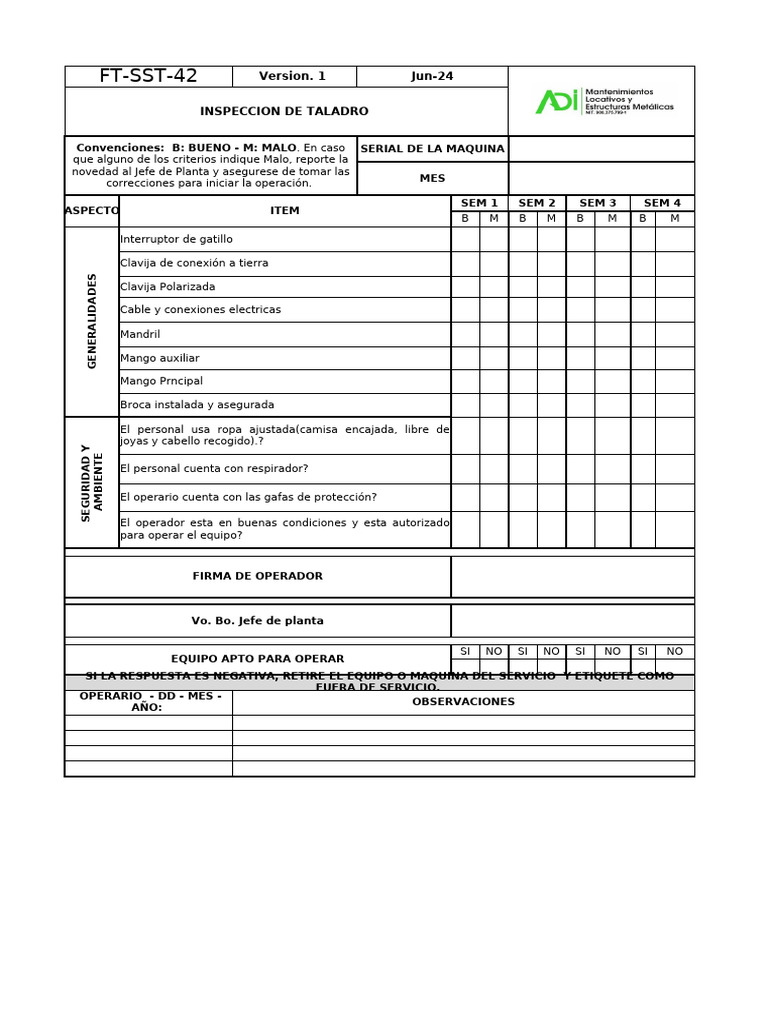 FT-SST-42 Formato Inspeccion de Taladro | PDF