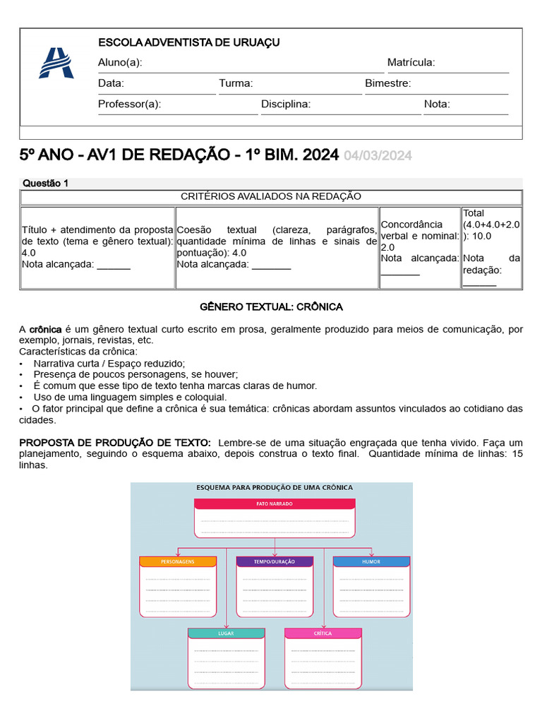 5 Ano - Ma - Av1 Redacao | PDF