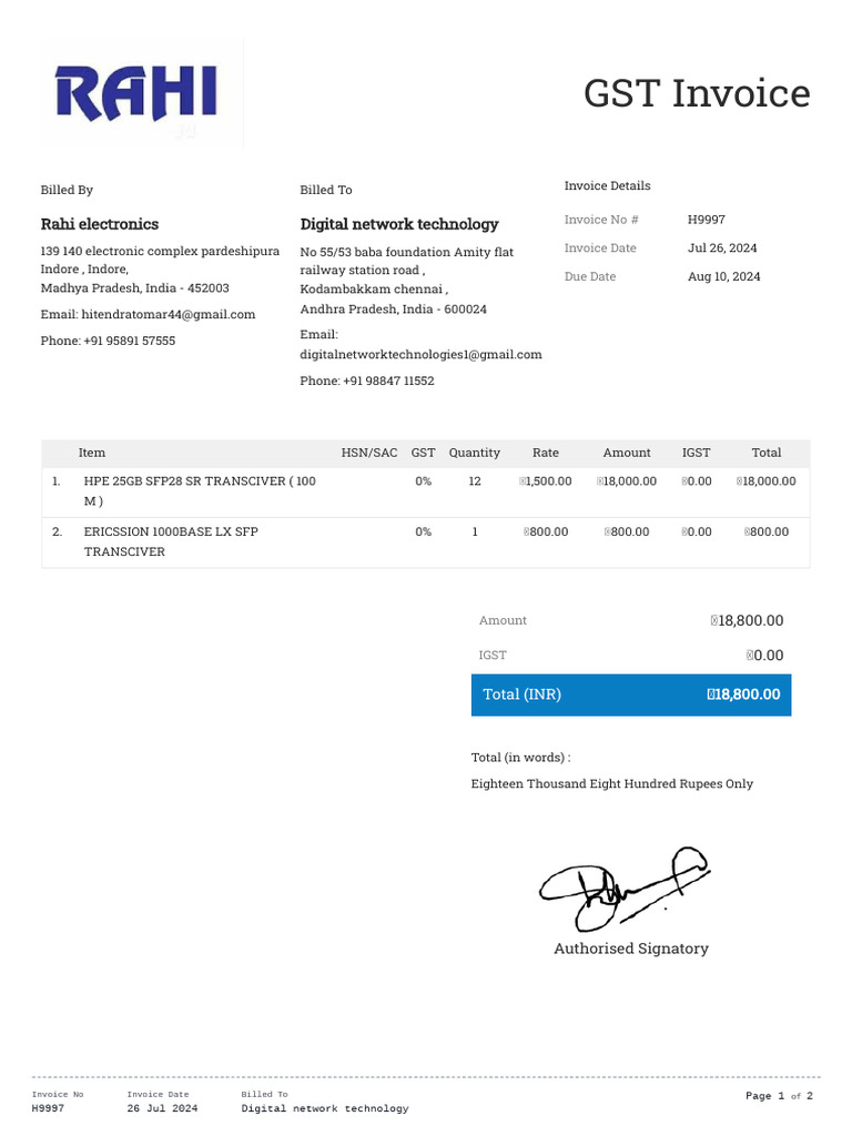 Invoice h9997 Rahi Electronics Digital Network Technology | PDF | Sales ...