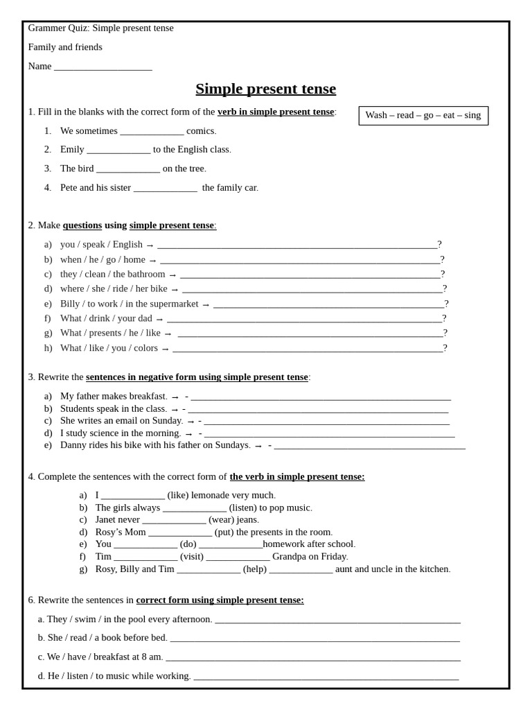 Simple Present Tense Grammar Quiz | PDF